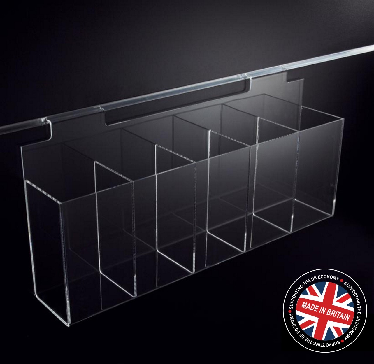 Clear Acrylic Slatwall 600mm 5 Compartment Pen Dispenser Display Rack